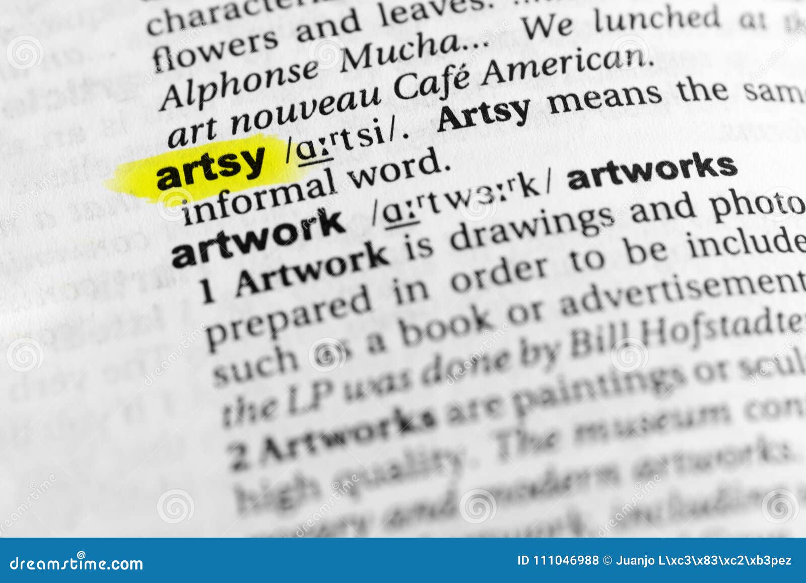 Highlighted English Word `artsy` and Its Definition in the Dictionary ...