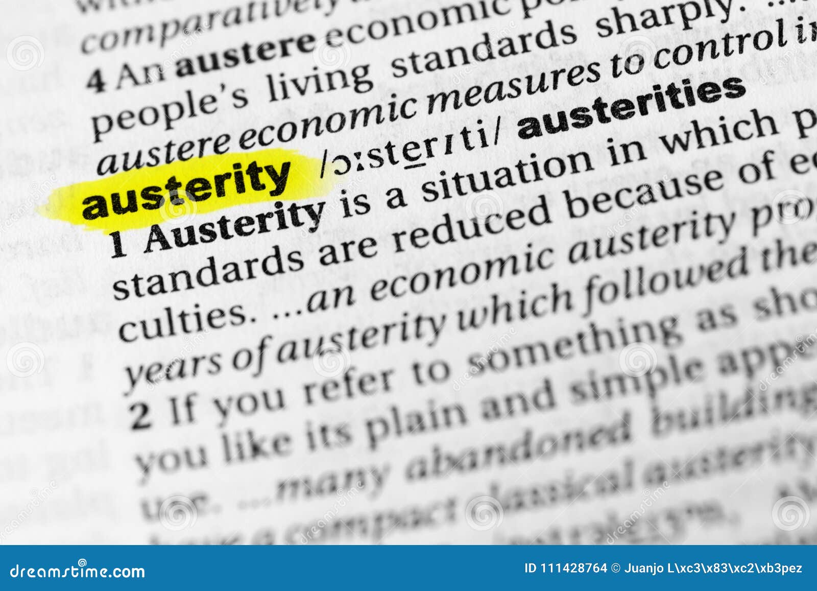 Highlighted English Word `austerity` and Its Definition in the ...