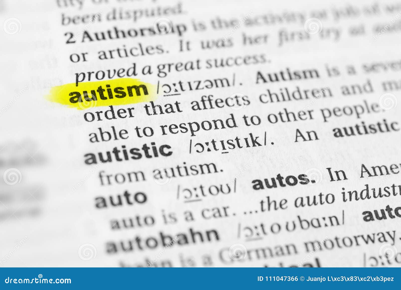 Highlighted English Word `autism` and Its Definition in the Dictionary ...