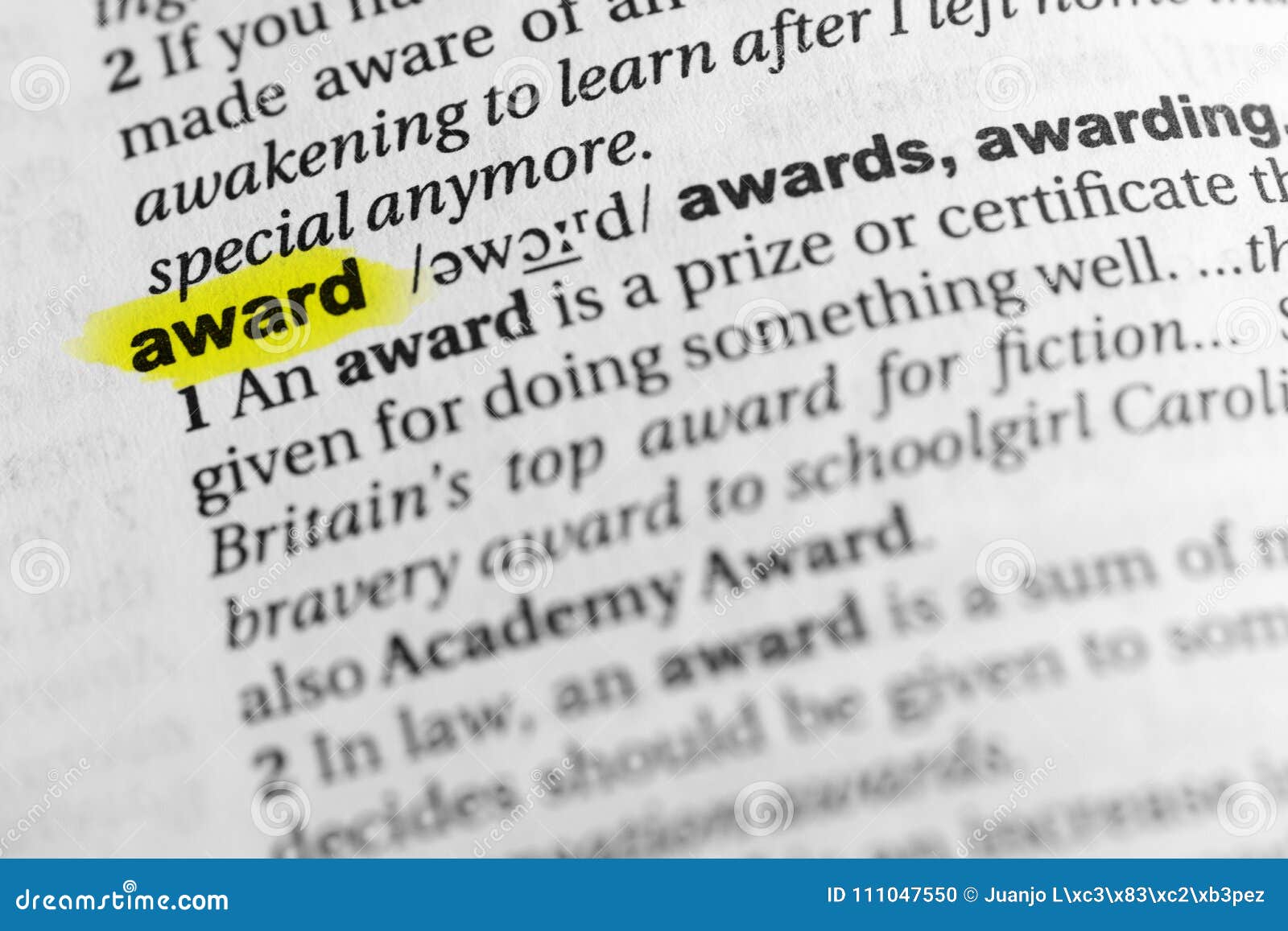 Highlighted English Word `award` and Its Definition in the Dictionary ...