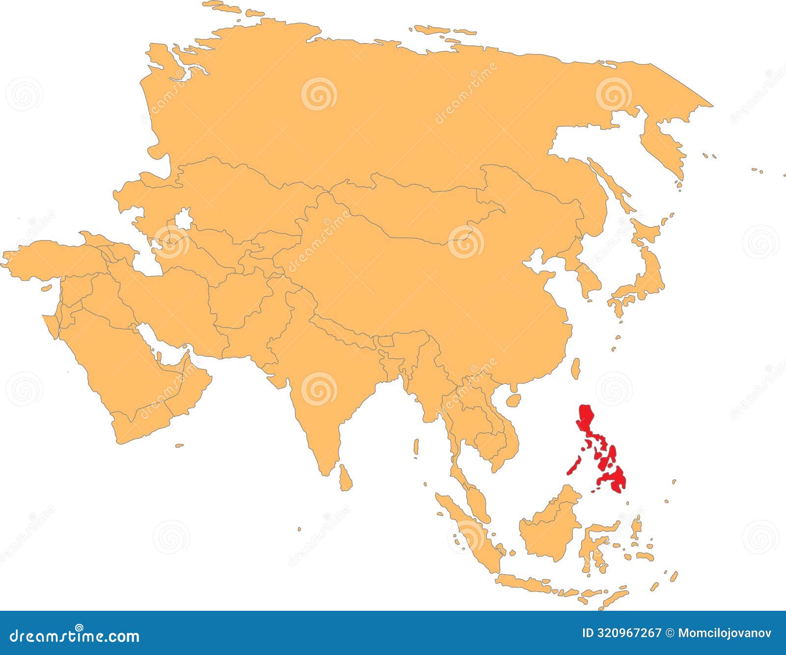 Highlighted Red Map of PHILIPPINES Inside Orange Map of Asia with Low ...