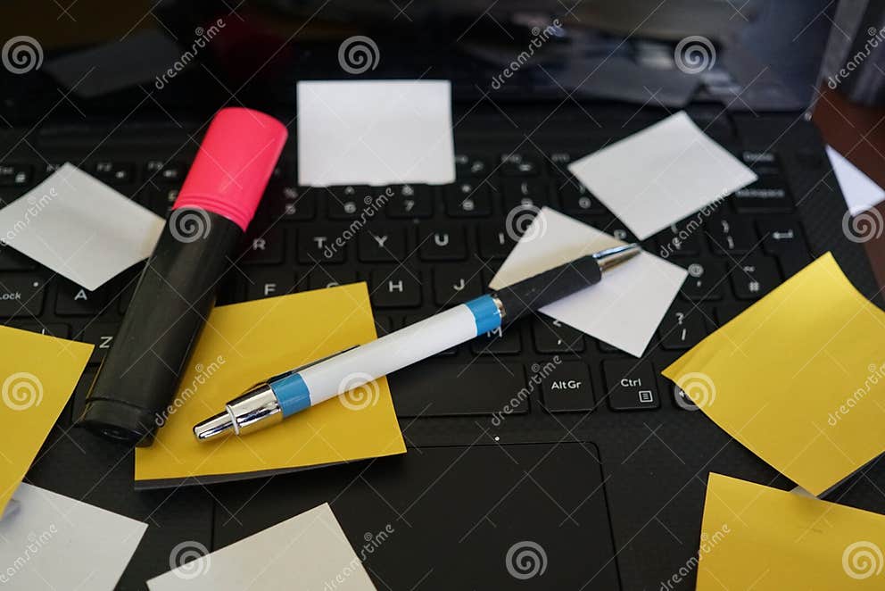 Highlighter, Pen and Sticky Notes Stock Photo - Image of computer ...