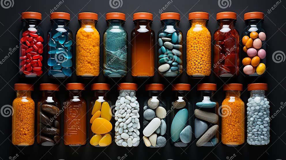 Row of pill bottles stock illustration. Illustration of lighting ...