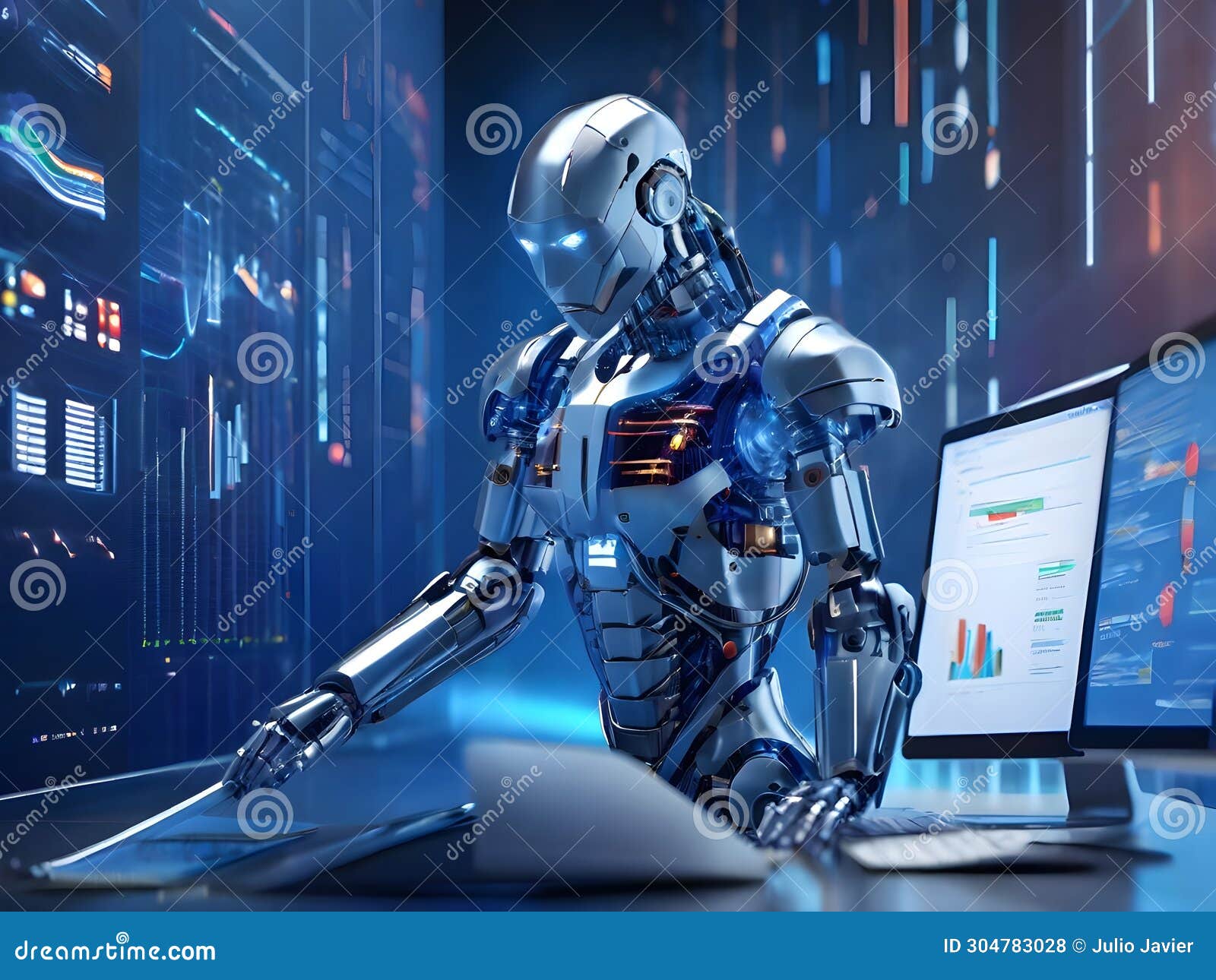 A Highly AI Robot Working with Computers Stock Illustration ...