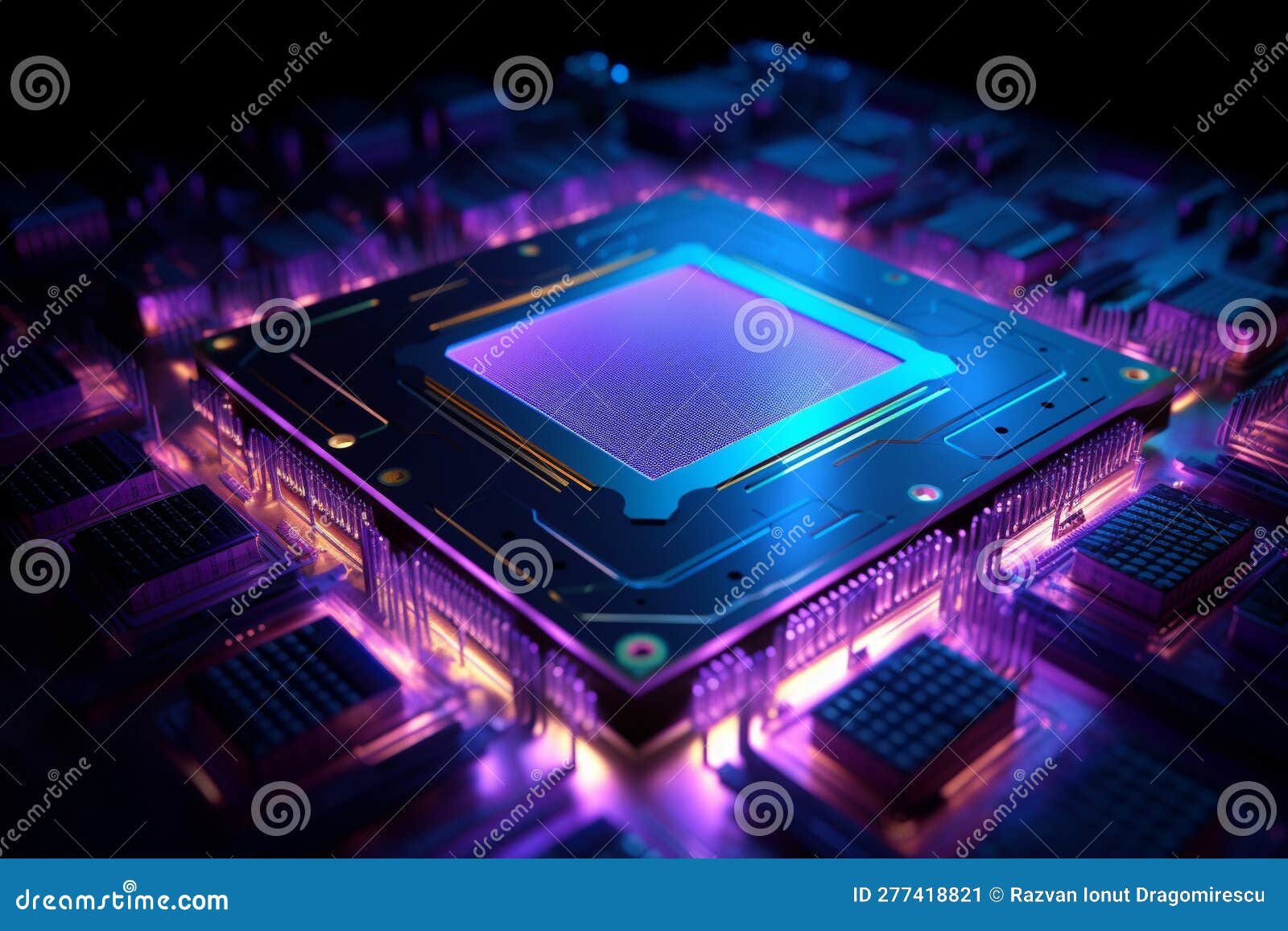 Highly Advanced Microchip Processor with a Series of Blue and Purple ...