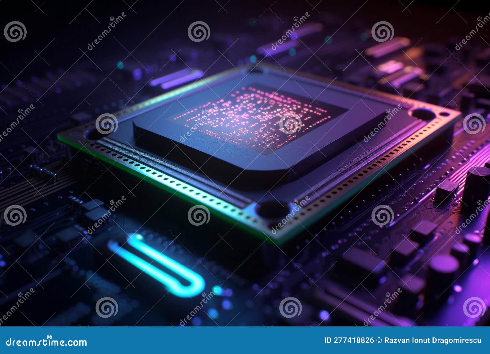 Highly Advanced Microchip Processor with a Series of Blue and Purple ...