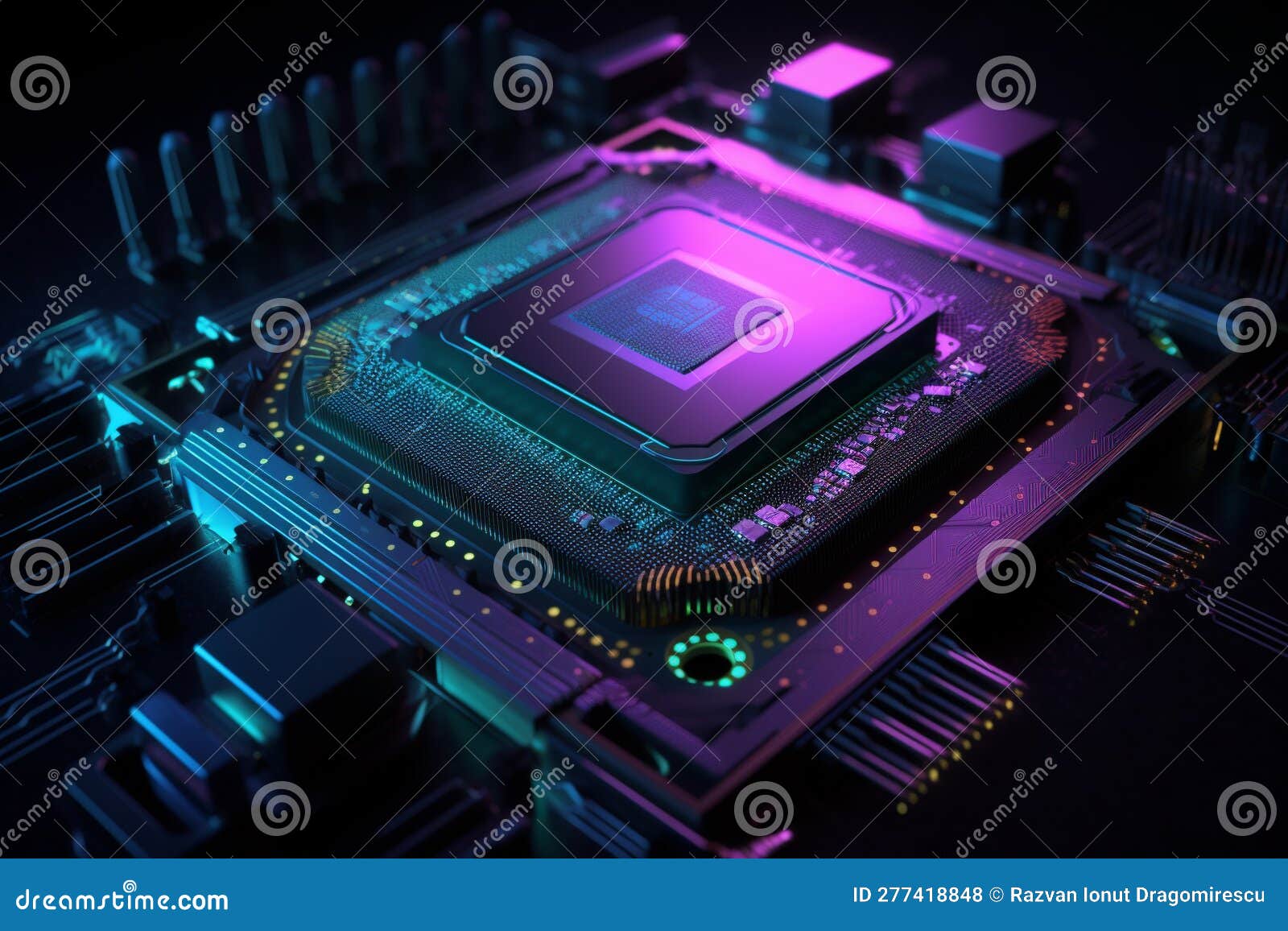 Highly Advanced Microchip Processor with a Series of Blue and Purple ...