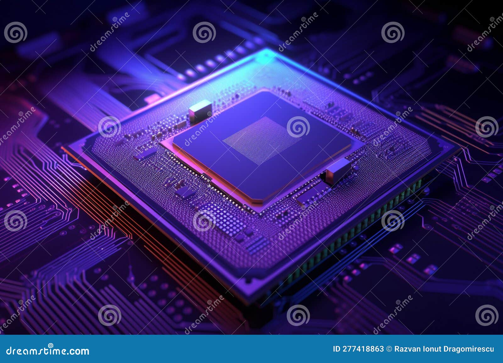 Highly Advanced Microchip Processor with a Series of Blue and Purple ...