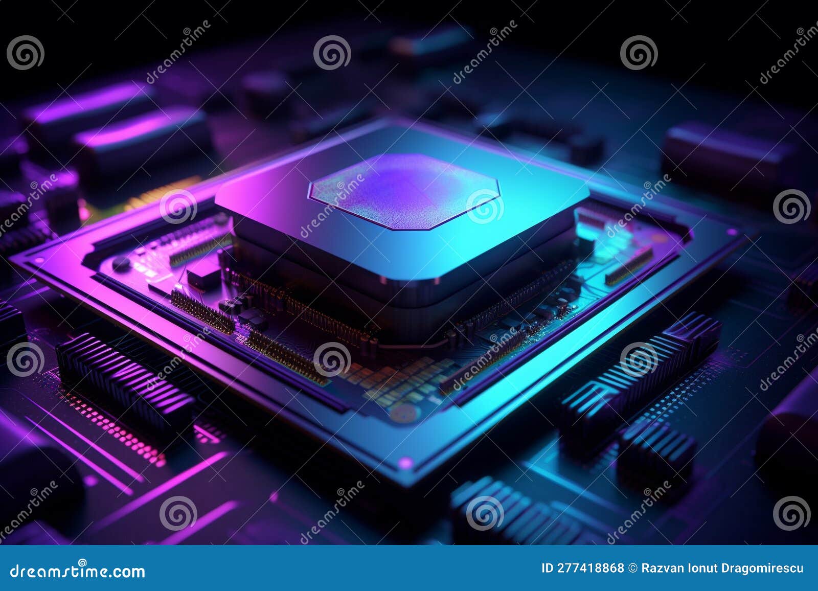 Highly Advanced Microchip Processor with a Series of Blue and Purple ...
