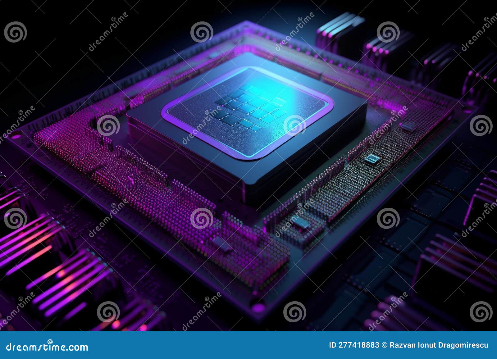 Highly Advanced Microchip Processor with a Series of Blue and Purple ...