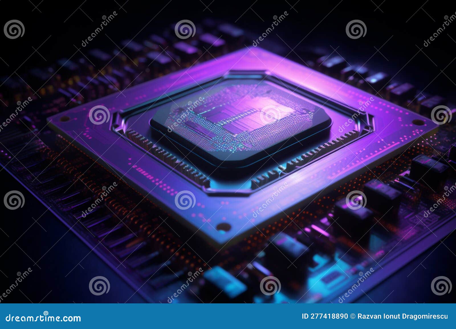 Highly Advanced Microchip Processor with a Series of Blue and Purple ...