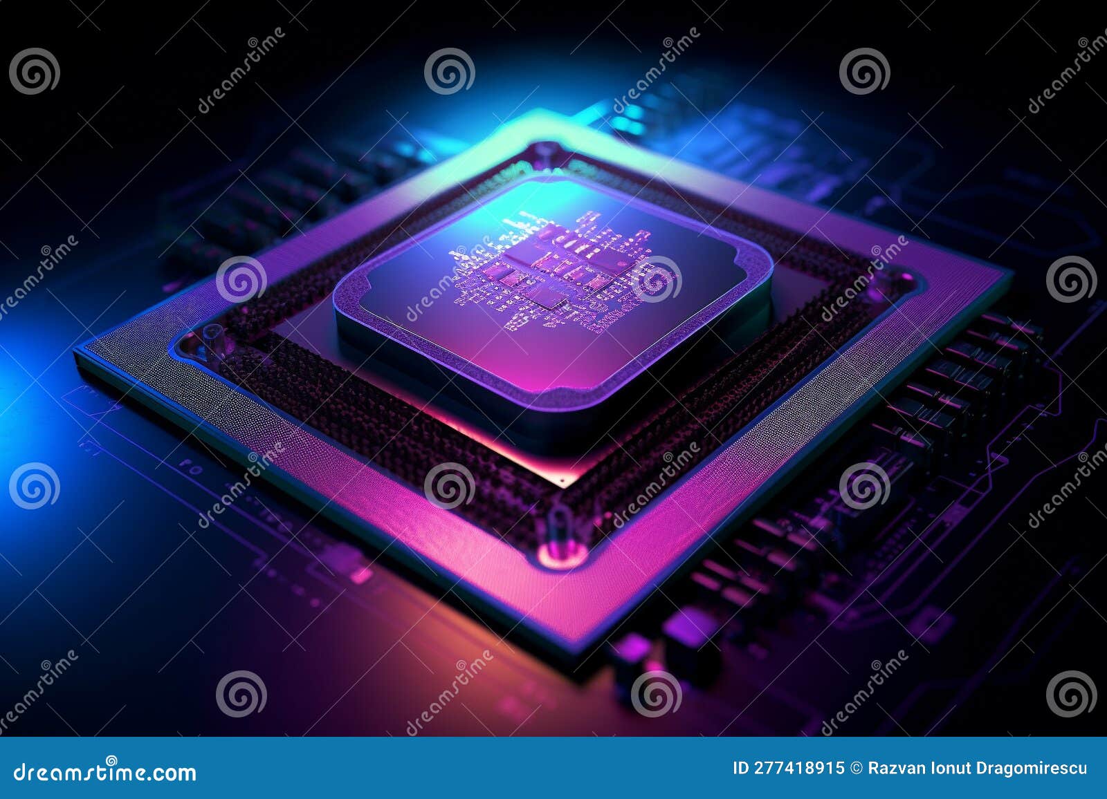 Highly Advanced Microchip Processor with a Series of Blue and Purple ...