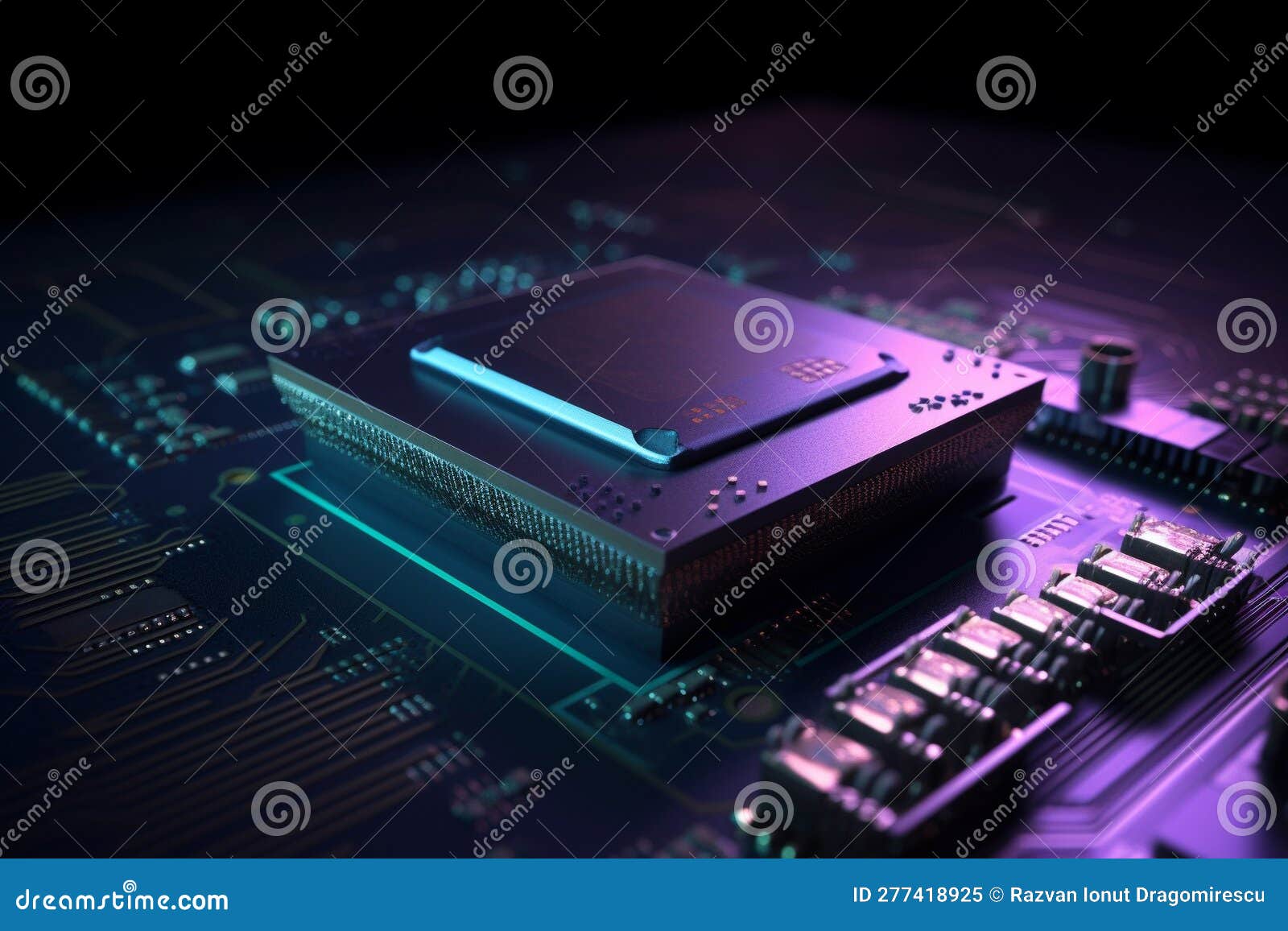 Highly Advanced Microchip Processor with a Series of Blue and Purple ...