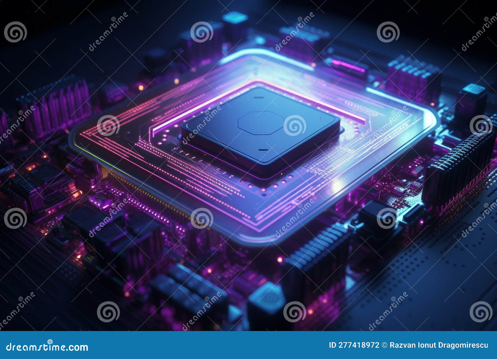 Highly Advanced Microchip Processor with a Series of Blue and Purple ...