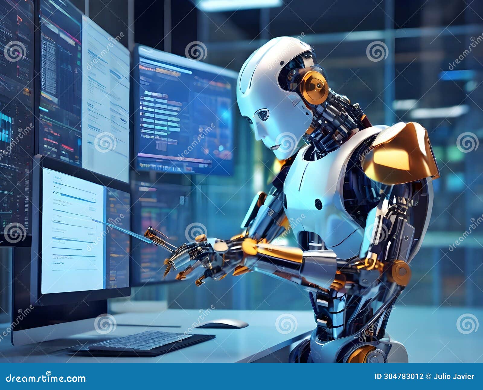 A Highly AI Robot Working with Computers Stock Illustration ...