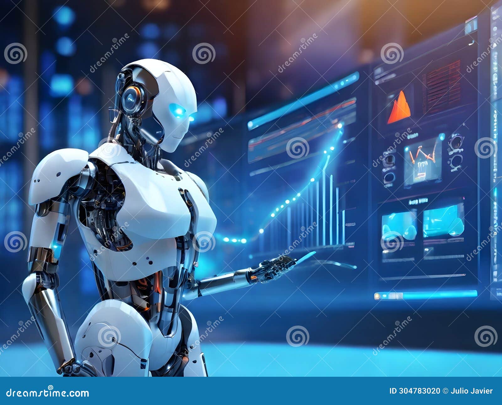 A Highly AI Robot Working with Computers Stock Illustration ...