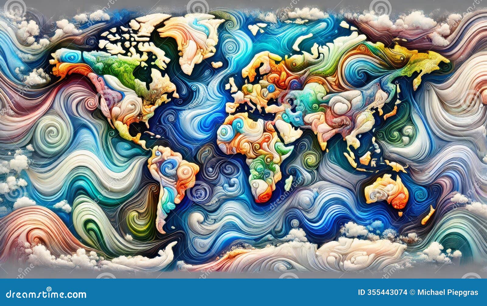 A Highly Artistic World Map Depicted in a Surreal and Colorful Style Stock Illustration ...