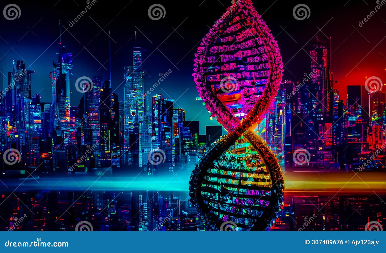A Highly Coloured Image of DNA Helix Against a City Background Stock ...