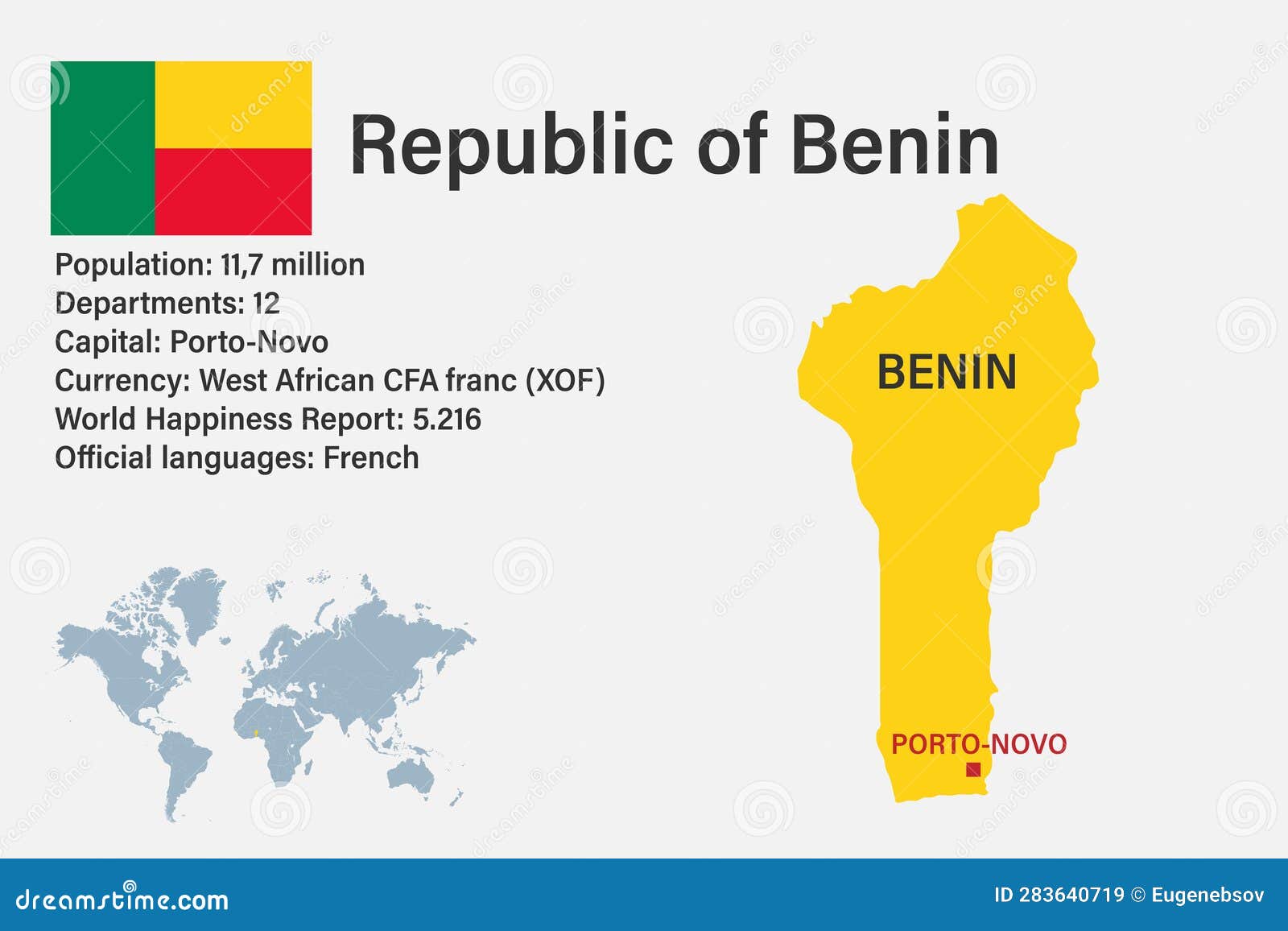 Highly Detailed Benin Map with Flag, Capital and Small Map of the World ...