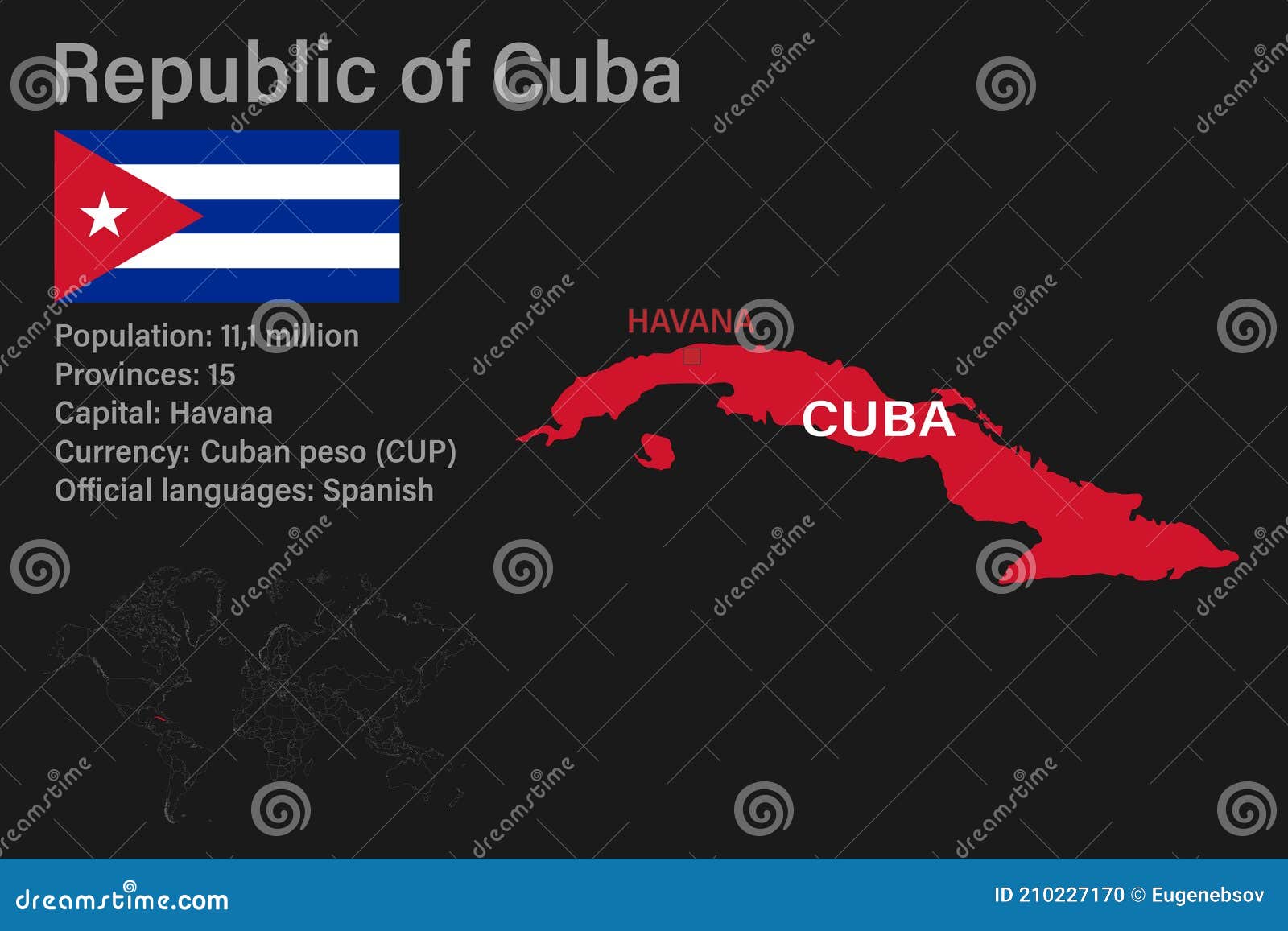 Highly Detailed Cuba Map with Flag, Capital and Small Map of the World ...