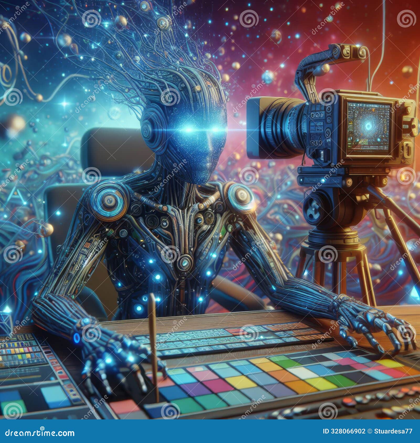 Futuristic Cyborg Working with Camera and Control Panel Stock Photo ...