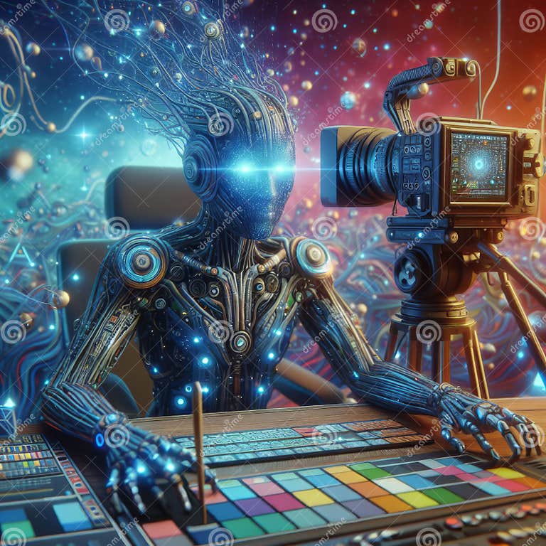 Futuristic Cyborg Working with Camera and Control Panel Stock Photo ...