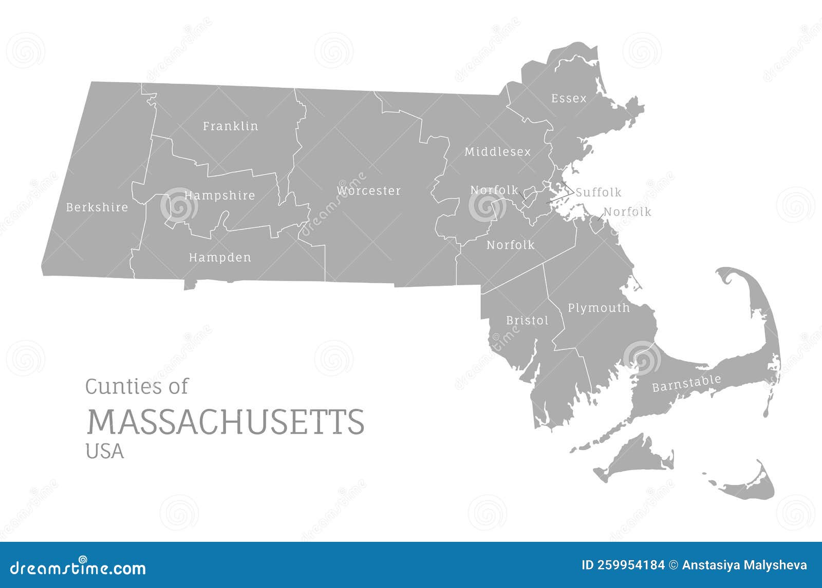 Highly Detailed Gray Map of Massachusetts, US State Stock Vector ...