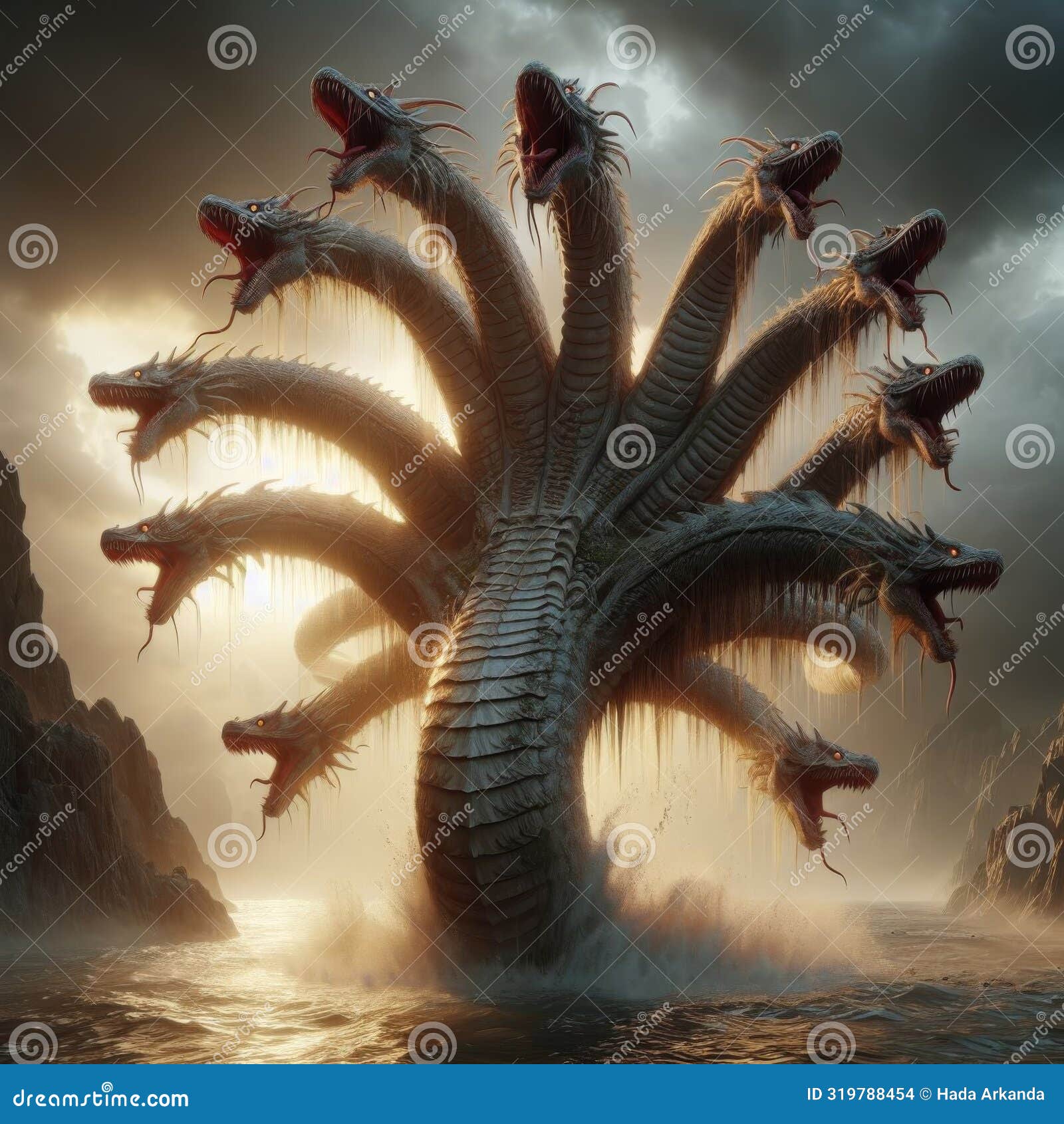 A Highly Detailed Image of a Hydra, a Multi-headed Serpent, Emerging ...