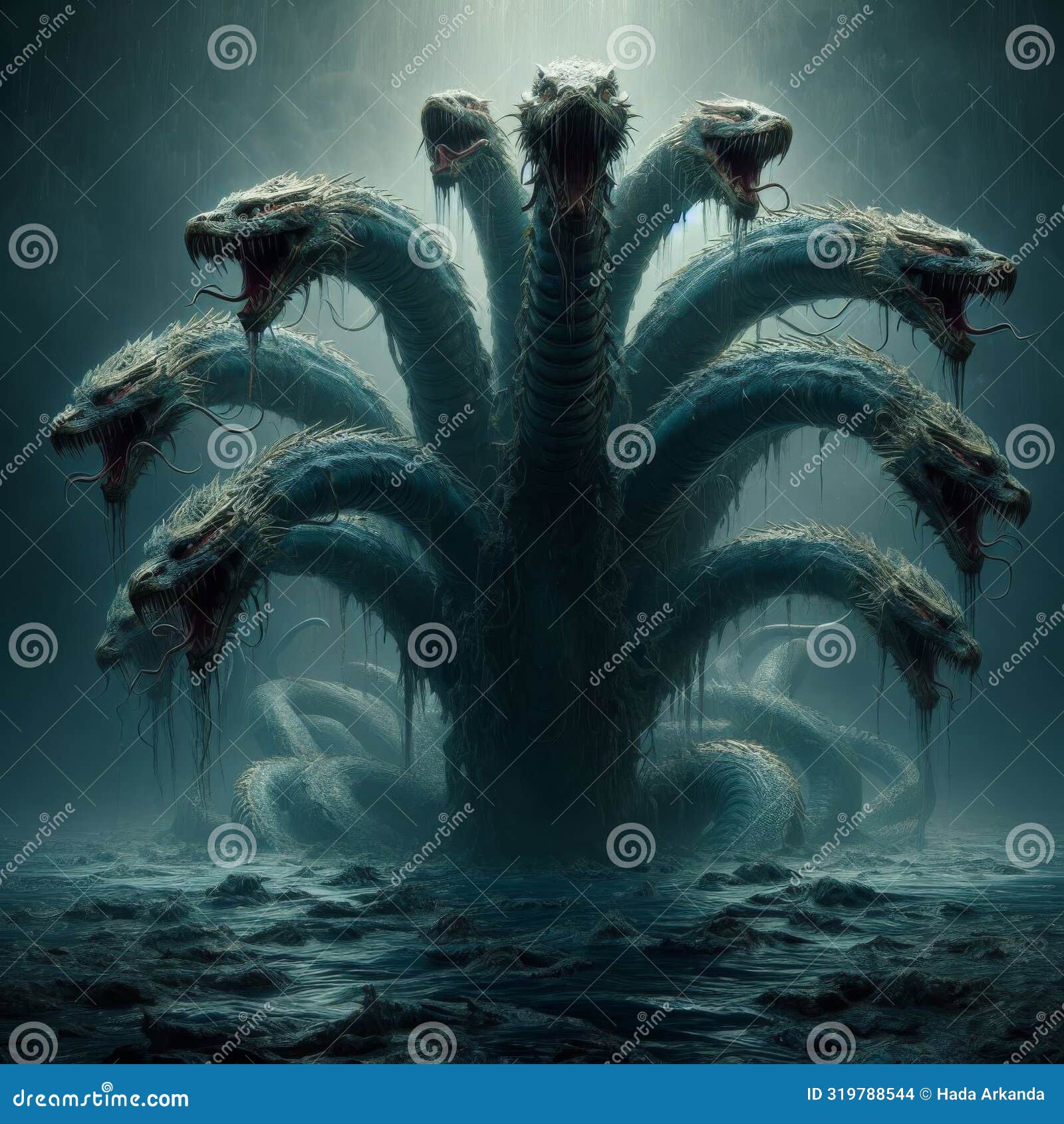 A Highly Detailed Image of a Hydra, a Multi-headed Serpent, Emerging ...