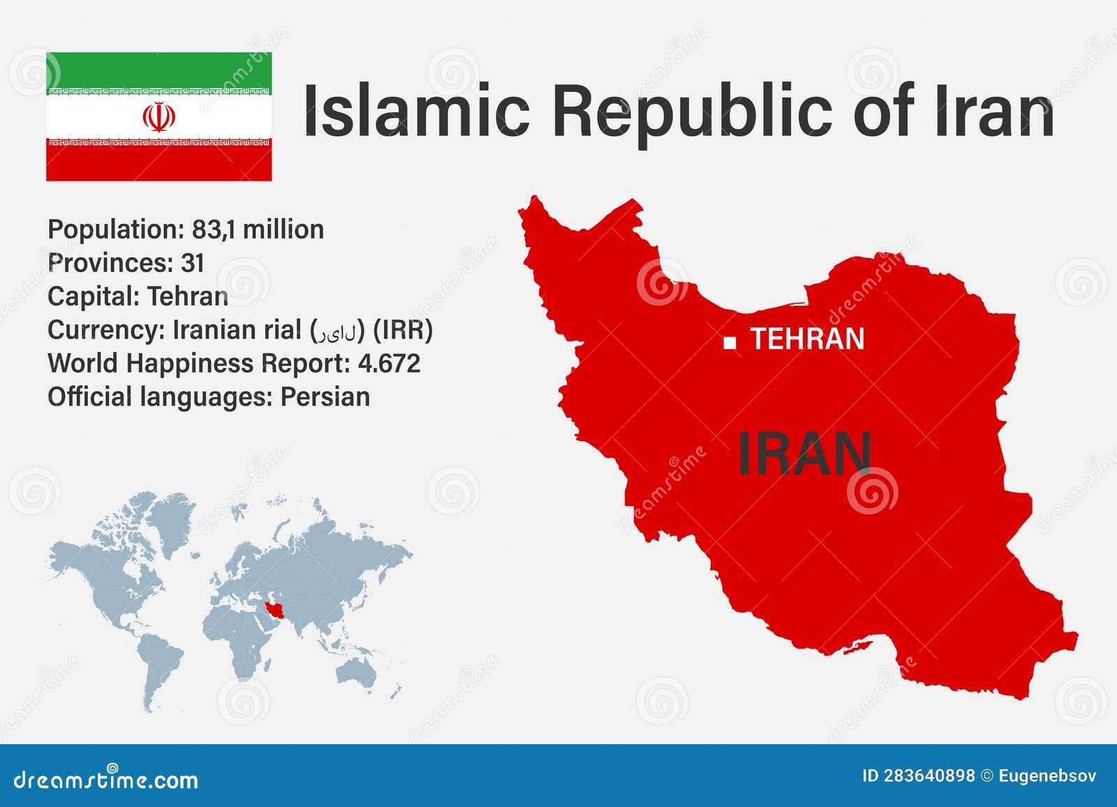 Highly Detailed Iran Map with Flag, Capital and Small Map of the World ...
