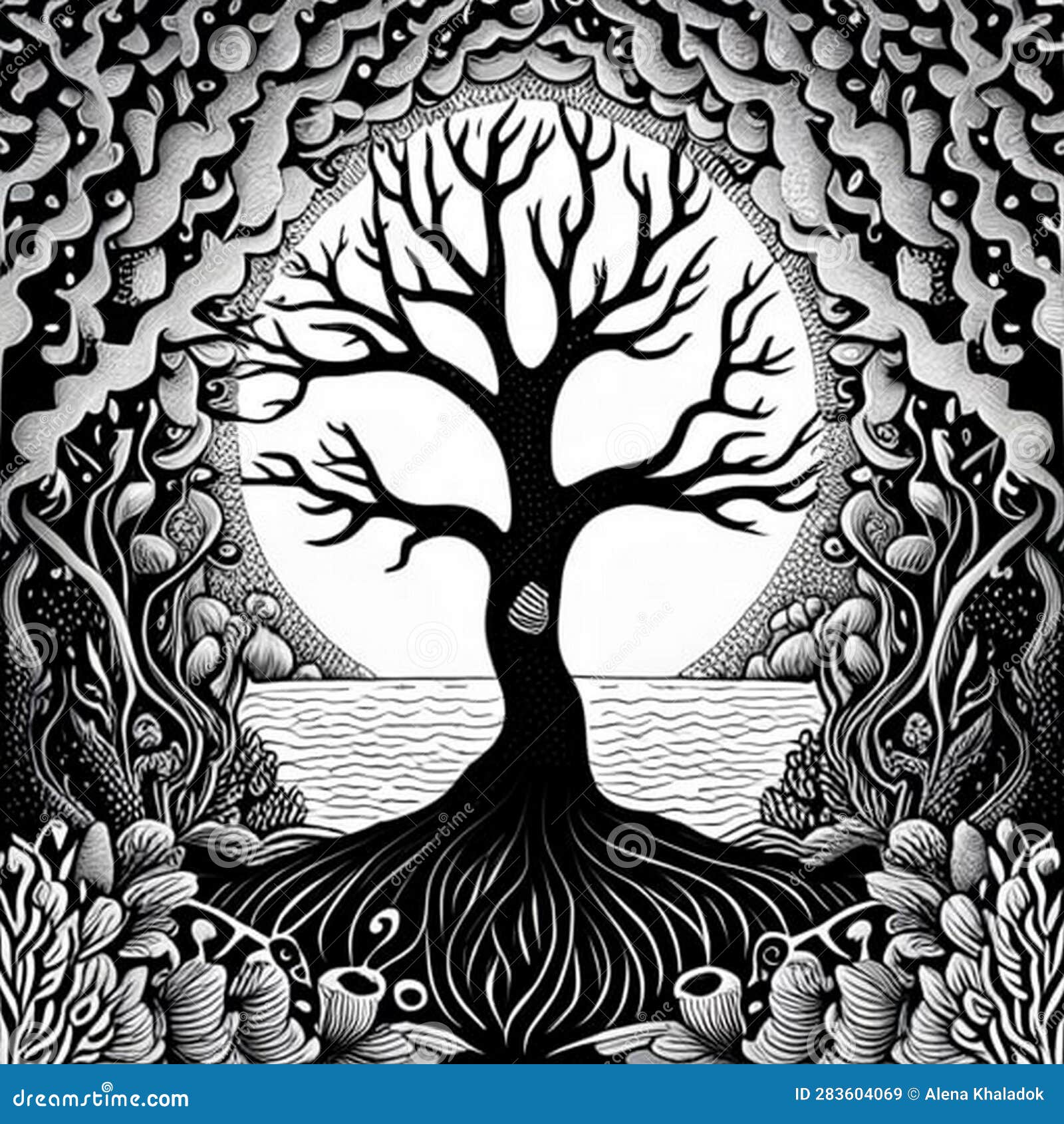 Pen and Ink Drawing Mystical Tree Stock Illustration - Illustration of ...