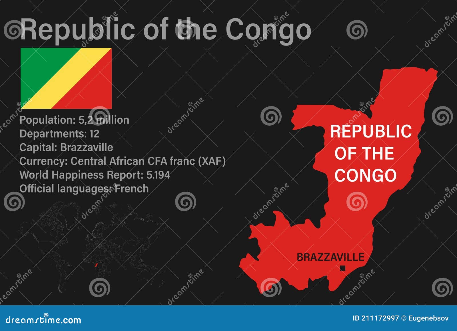 Highly Detailed Republic of the Congo Map with Flag, Capital and Small ...