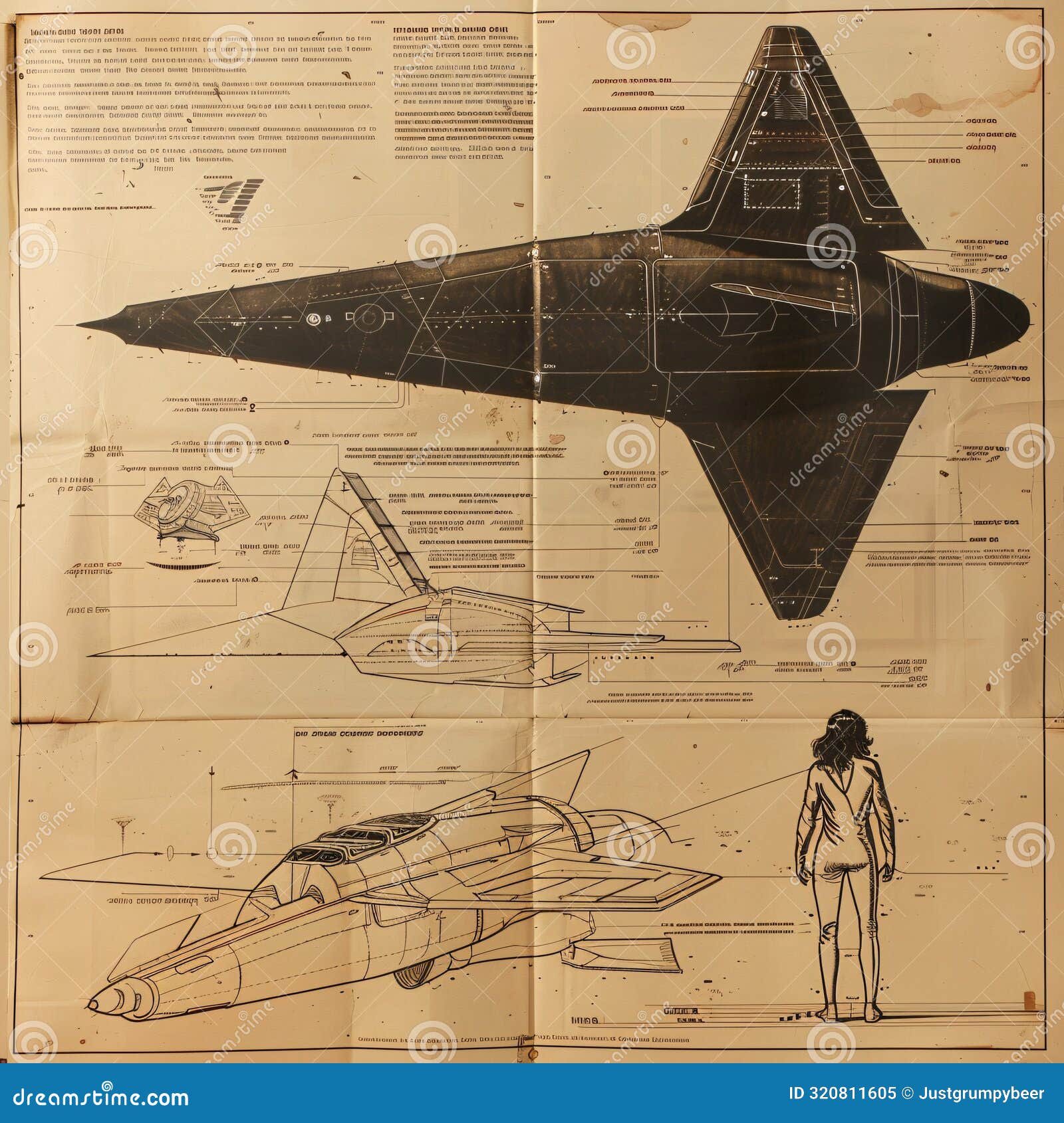 Detailed Technical Blueprint of a Futuristic Cone-Shaped Spacecraft ...