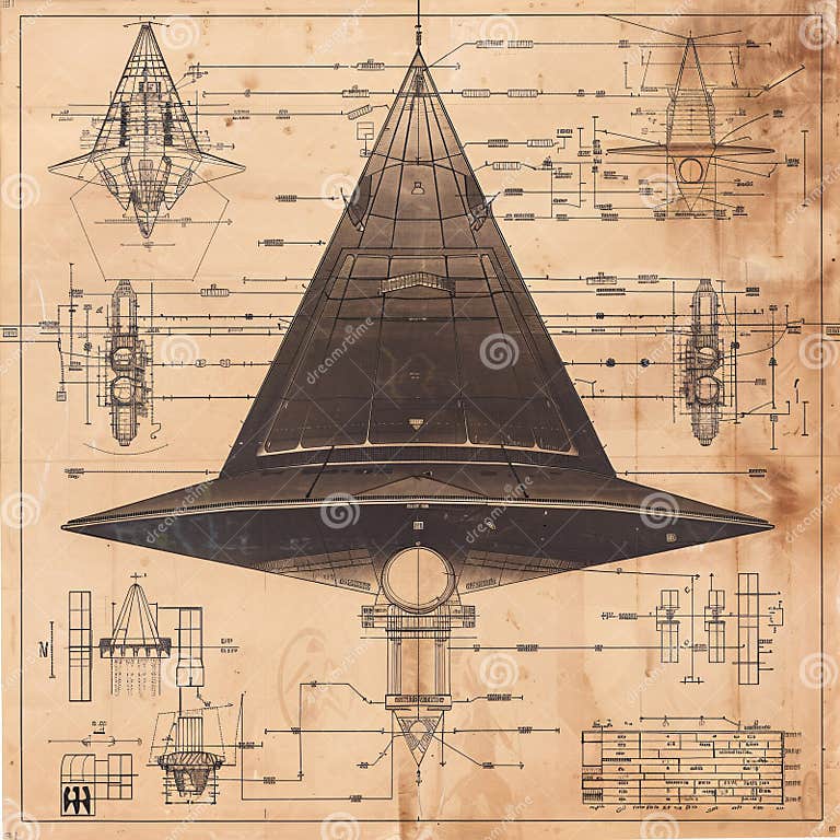 Detailed Technical Blueprint of a Futuristic Cone-Shaped Spacecraft ...