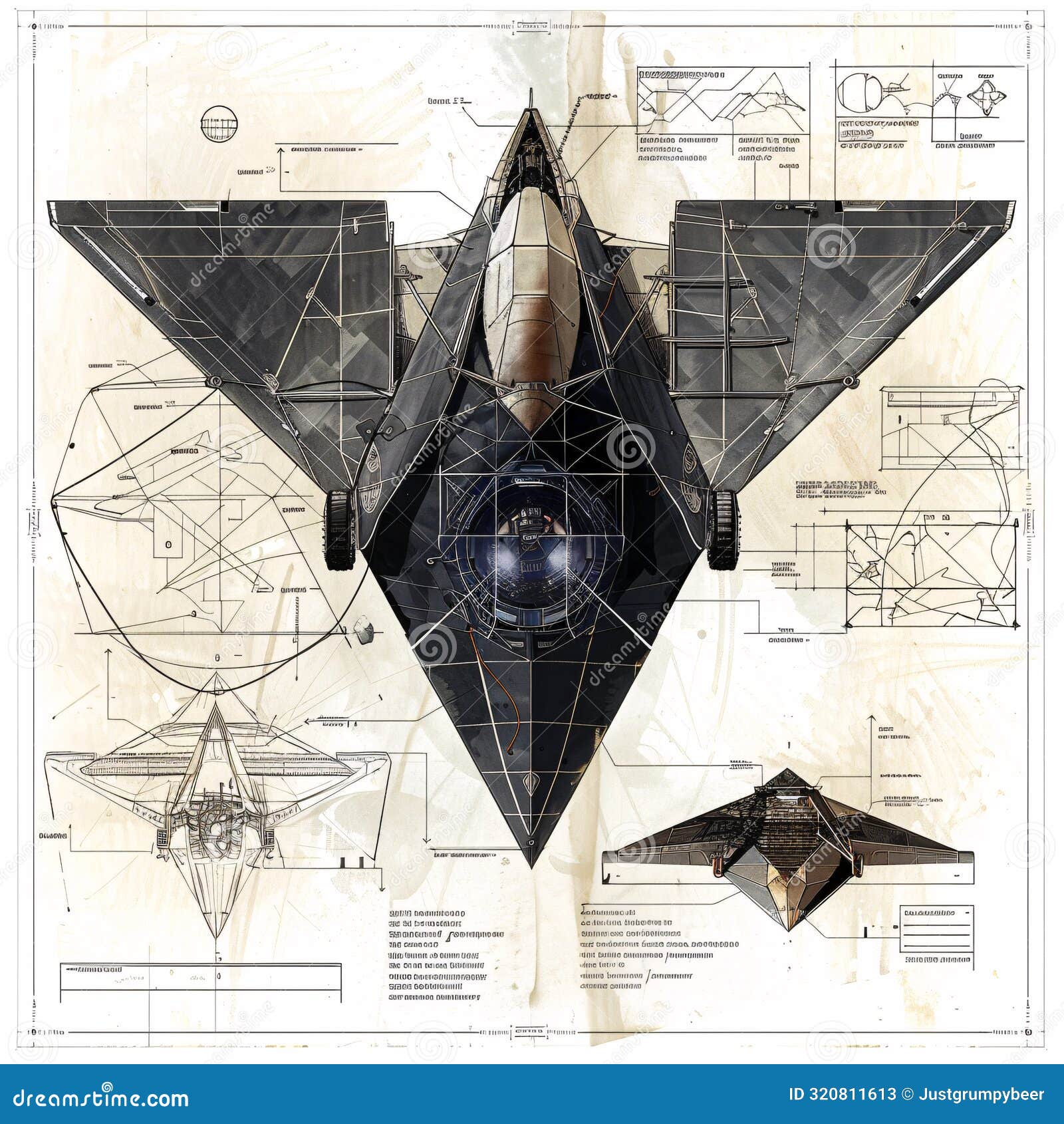 Detailed Technical Blueprint of a Futuristic Cone-Shaped Spacecraft ...