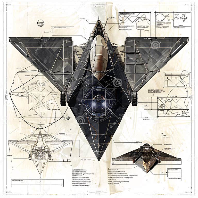 Detailed Technical Blueprint of a Futuristic Cone-Shaped Spacecraft with Measurements and ...