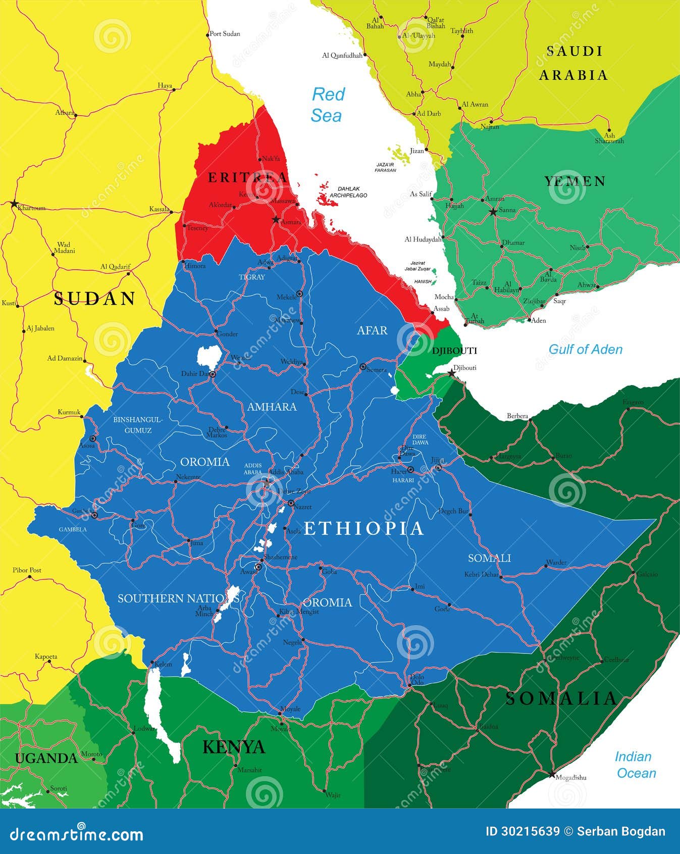 Large Detailed Physical Map Of Ethiopia With All Roads