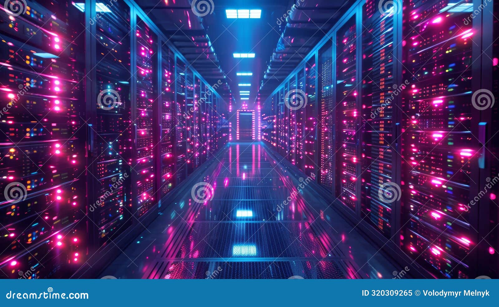 Highly Detailed View of Data Center Server Room. Rows of Server Racks ...