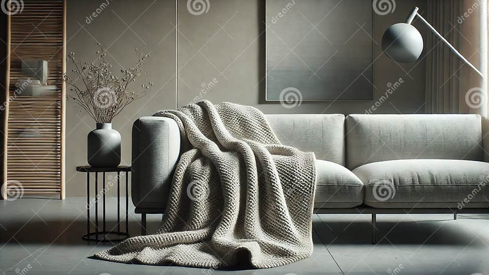 Soft Fluffy Blanket Draped Over Modern Sofa in Cozy Living Room Stock ...