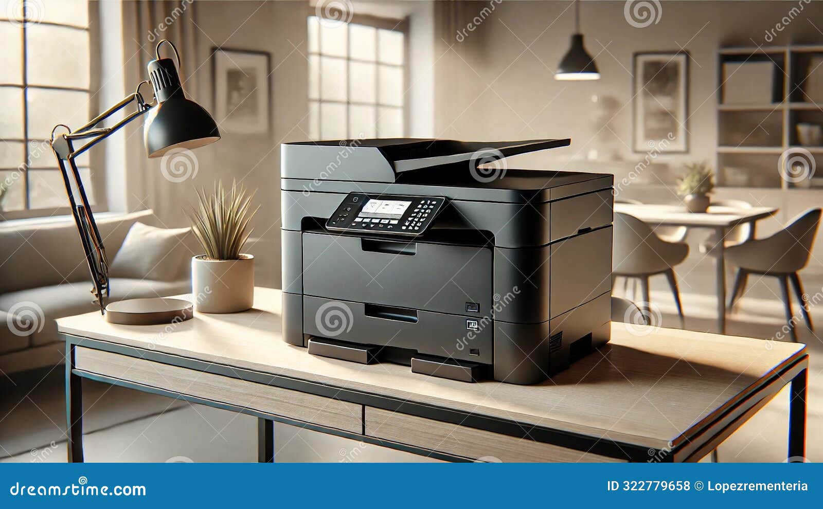 Sleek Black Printer on Modern Desk in Well-Lit Workspace Stock ...