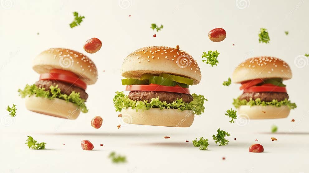 Highquality 3D Isolated Burger Pieces Falling on White Background Stock ...