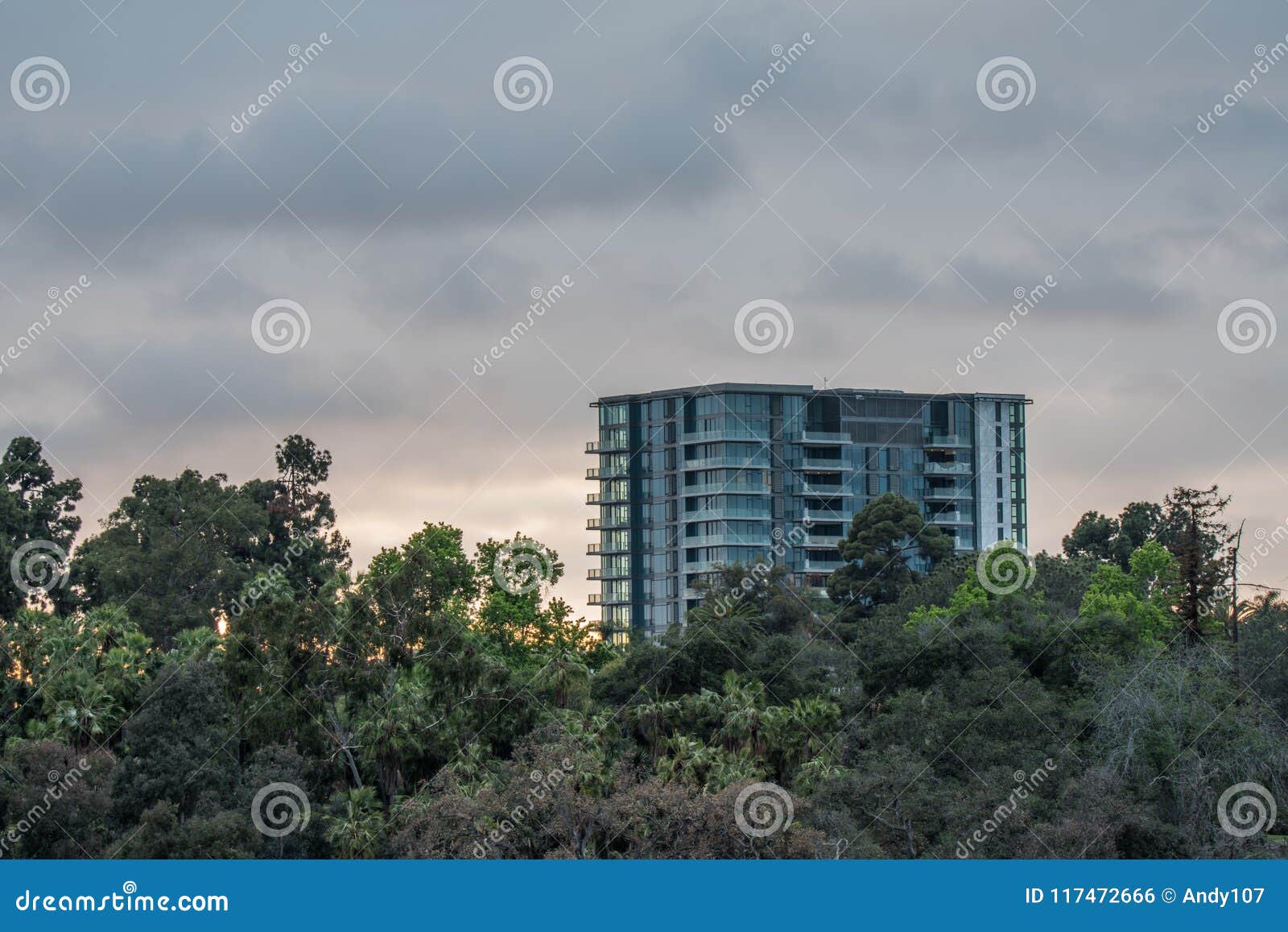 Highrise Building Peaking Over Vegetation at Sunset with Clouds Stock ...