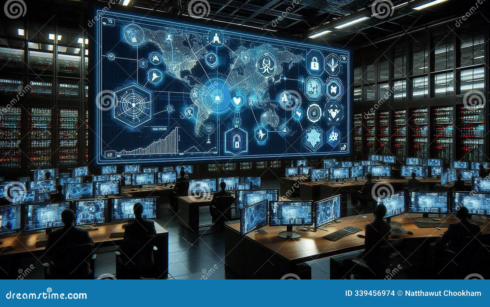HighTech Control Room With Multiple Monitors And World Map Display For Data Analysis And ...