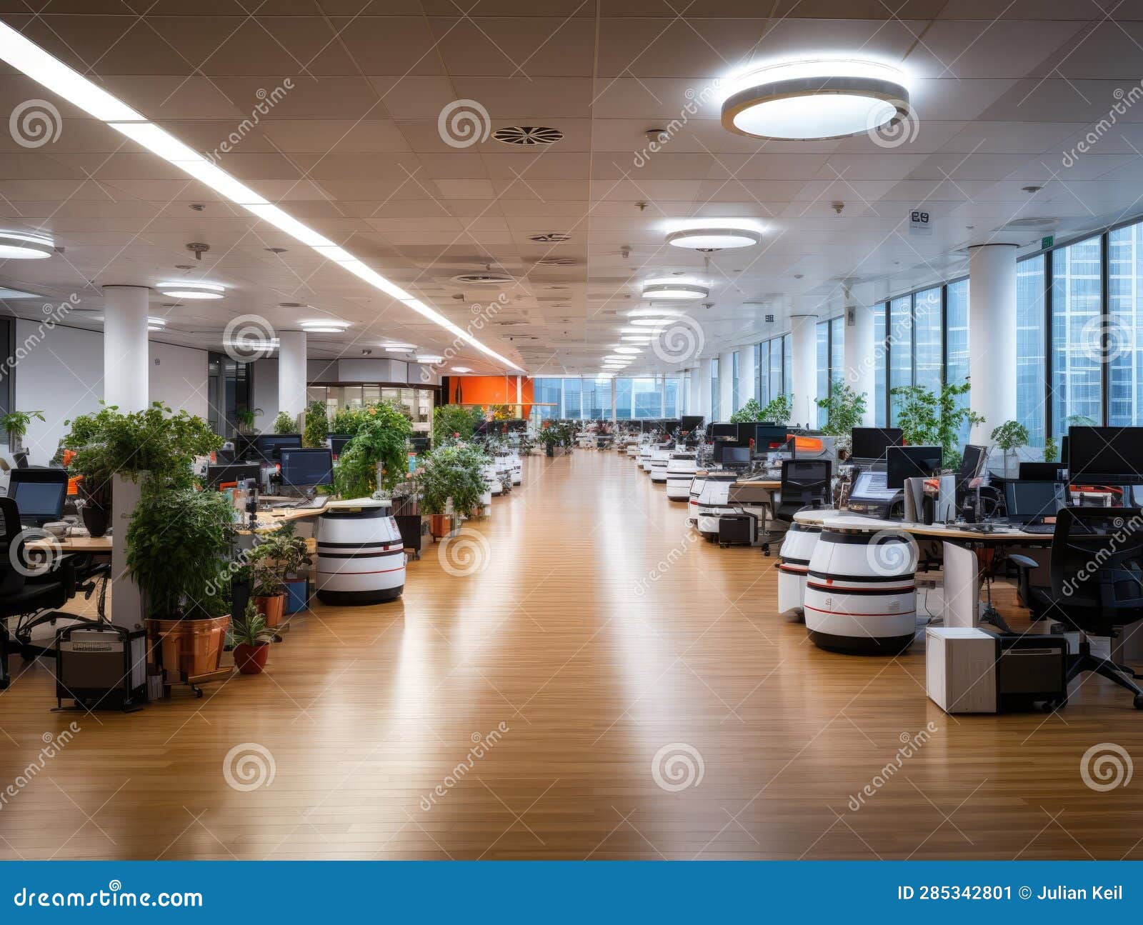 Hightech Office Floor with Robot Assistants Stock Illustration ...