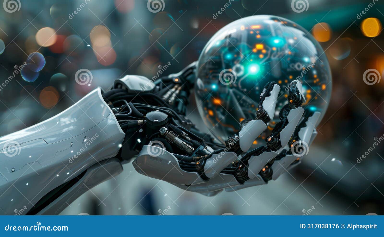 Hightech Robot with Articulated Hands Holding a Glass Sphere ...