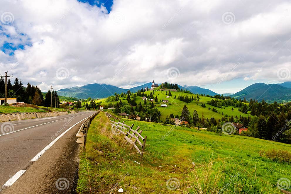 Highway, Castle and Mountains. Stock Photo - Image of meadow, hill ...