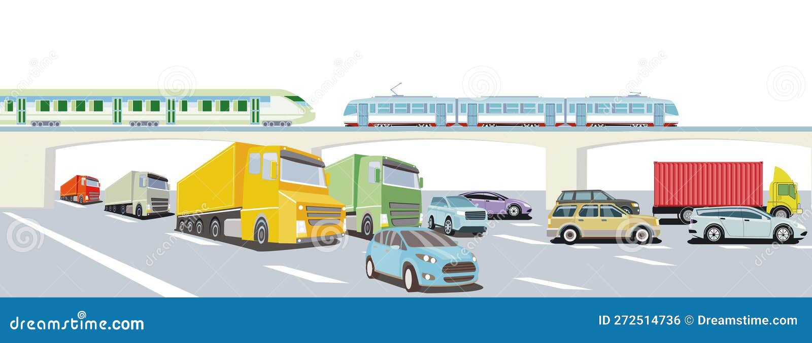 Highway with Express Train, Truck and Passenger Car, Illustration Stock ...