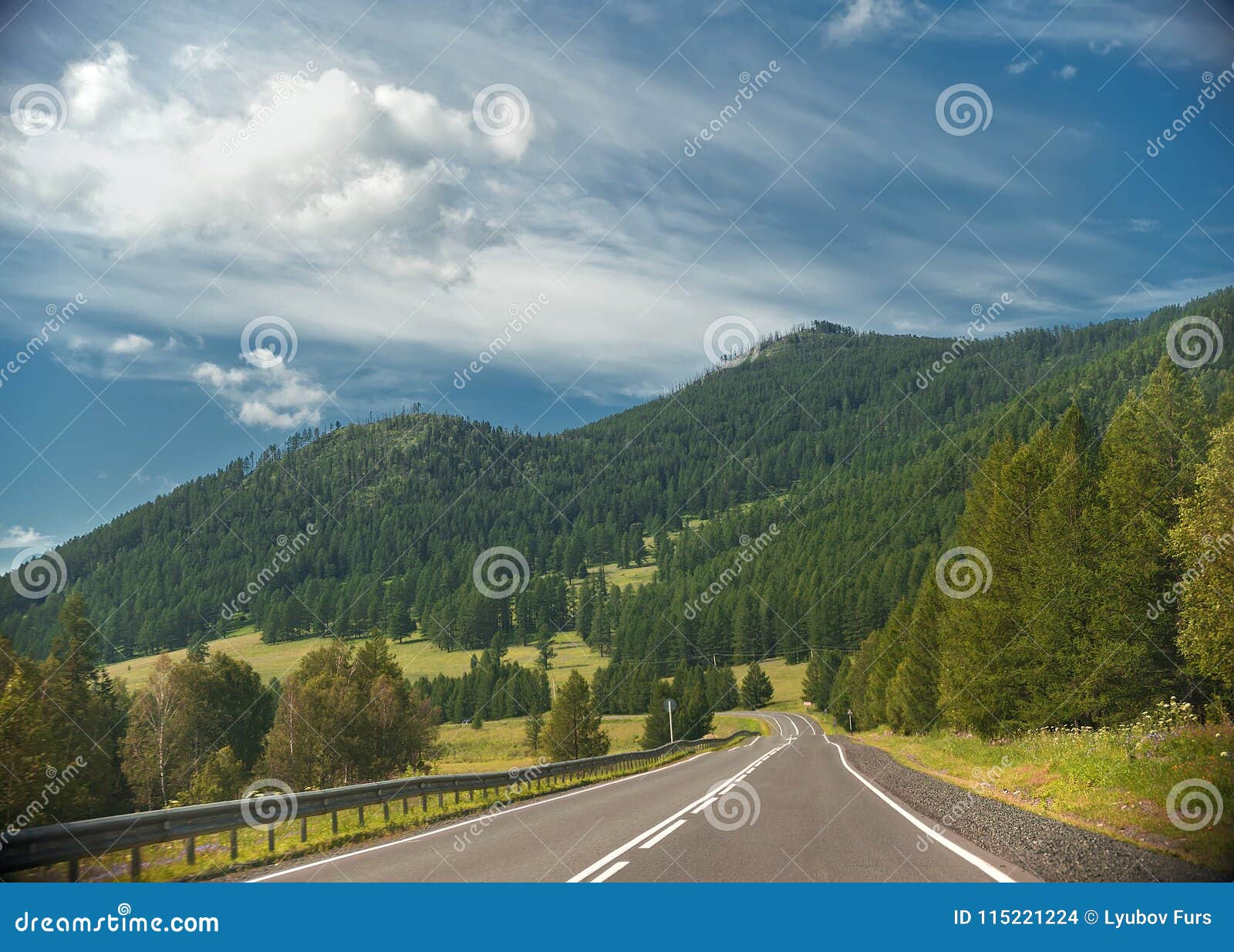 Highway through Hilly Terrain with Trees and Clouds on Blue Sky Stock ...