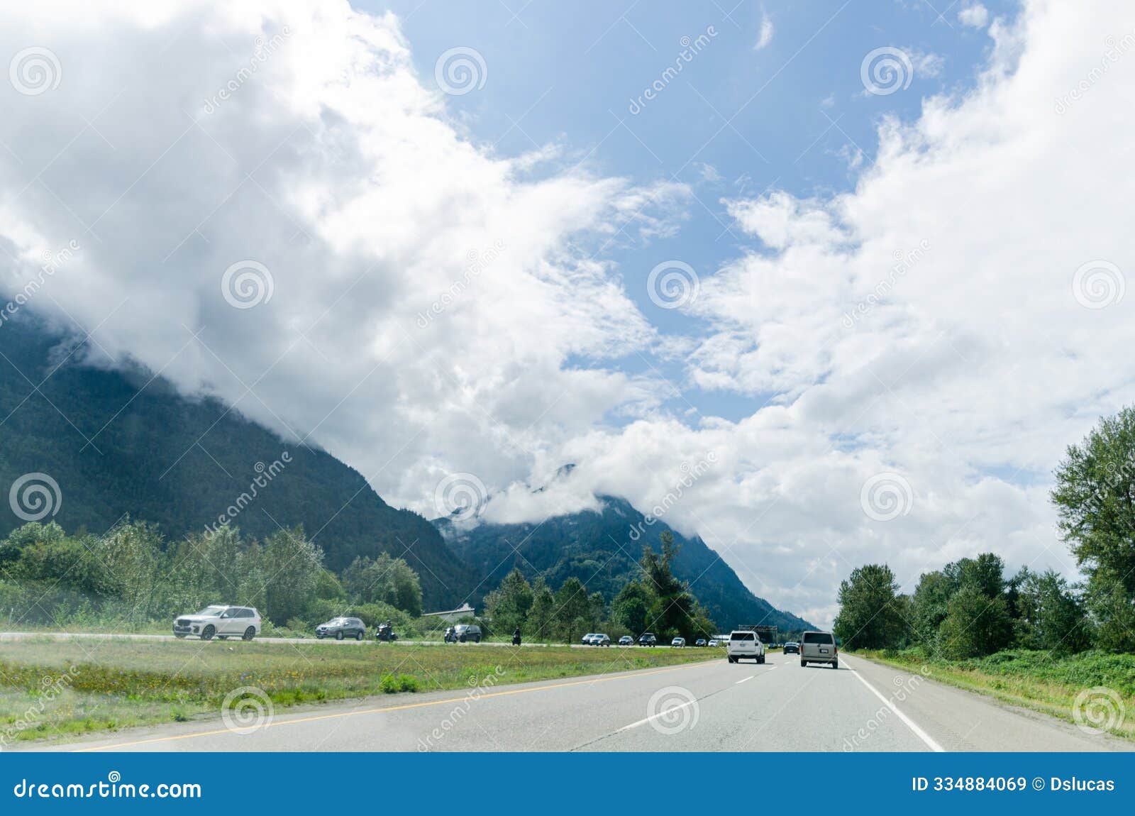 Highway in Hope BC, Canada with Cloud Covered Mountains in the ...