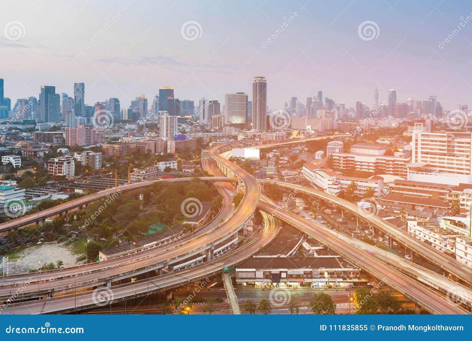Highway Intersection with Business Downtown Background Stock Image ...